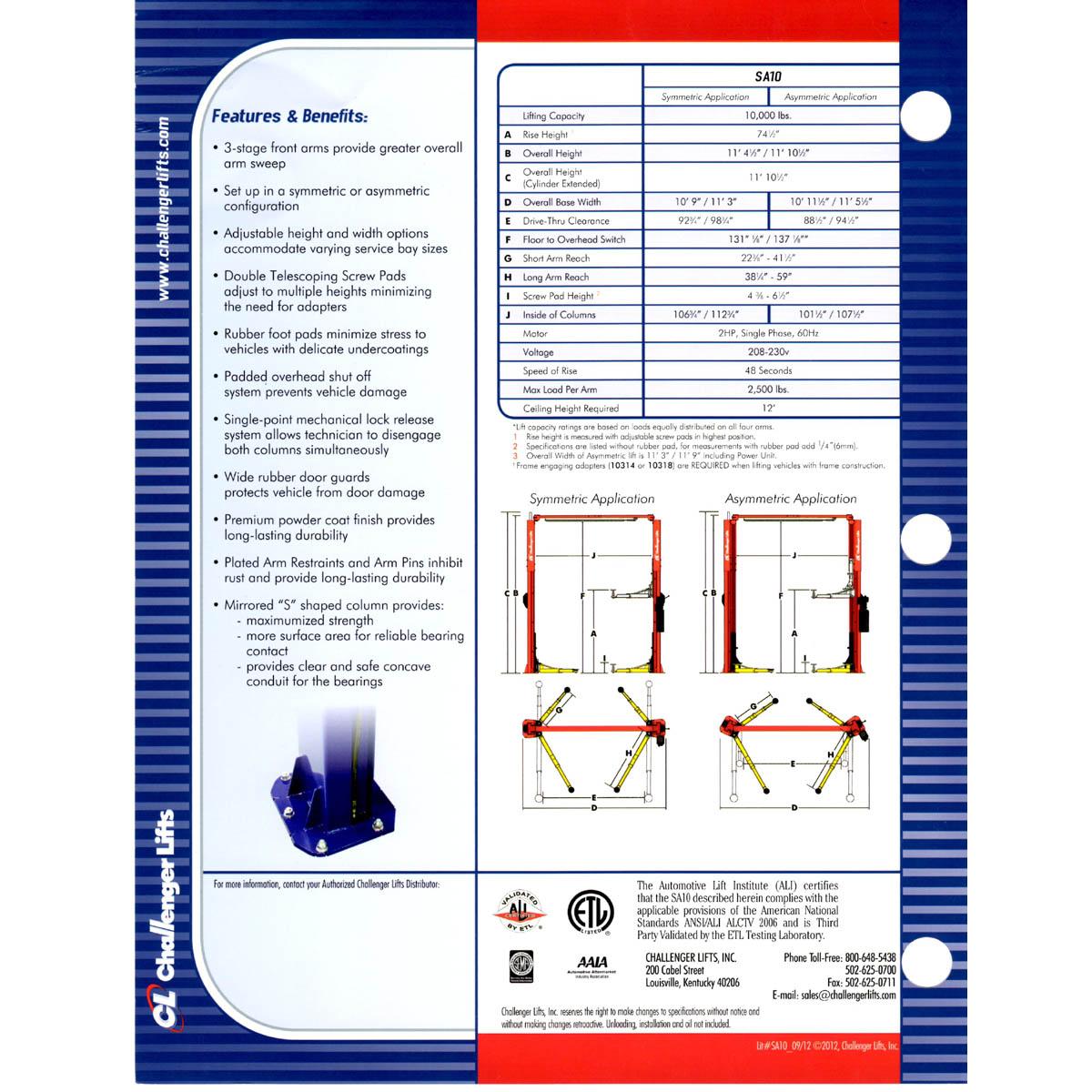 Challenger 10K SA10 2 Post Clearfloor Auto Lift ALI Certified - FREE ...